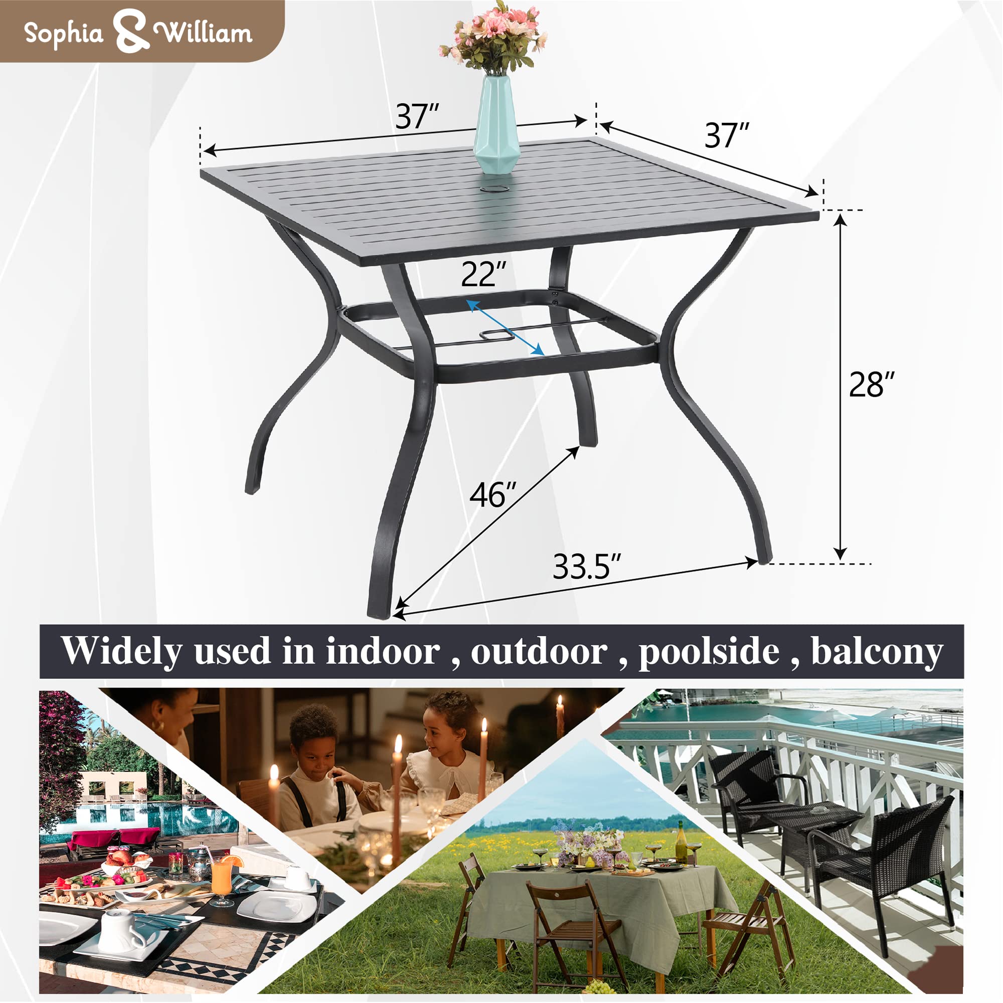 Sophia & William 37" Square Patio Outdoor Dining Table with 1.57" Umbrella Hole, All-Weather Resistant Table with E-Coating for 4 People, Black Metal Steel Slated Table for Garden Backyard Poolside