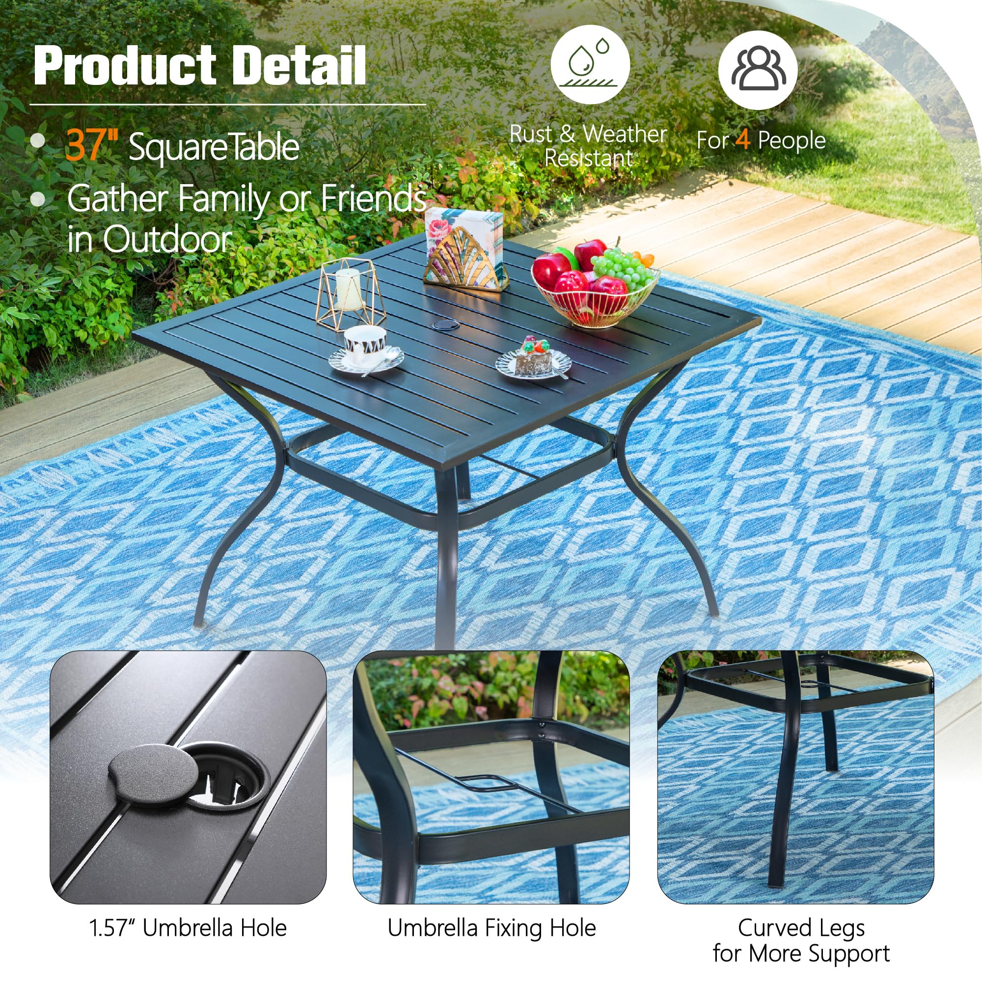 Sophia & William 37" Square Patio Outdoor Dining Table with 1.57" Umbrella Hole, All-Weather Resistant Table with E-Coating for 4 People, Black Metal Steel Slated Table for Garden Backyard Poolside