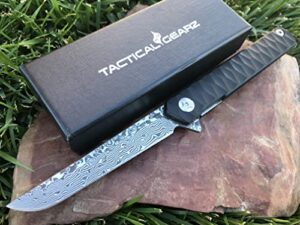 tactical gearz damascus pocket knife for edc! g10 handle! 67 multi layered damascus blade & vg10 core! includes sheath! (vela xt)