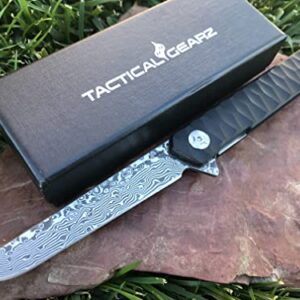 TACTICAL GEARZ Damascus Pocket Knife for EDC! G10 Handle! 67 Multi Layered Damascus Blade & VG10 Core! Includes Sheath! (Vela XT)