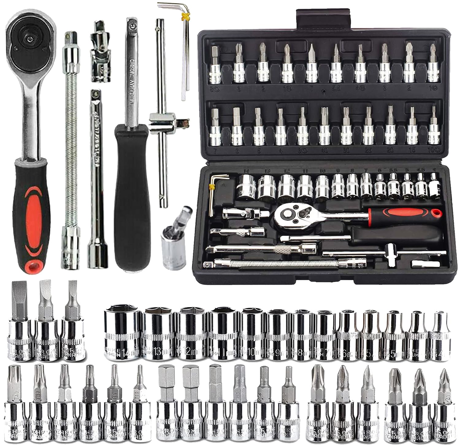 VEHIMACH Drive Socket Set, SAE and Metric Hex Bit Socket Set, Ratchet Wrench Set with S2 & CR-V Sockets, Mechanic Tool Kits for Auto Repair Household