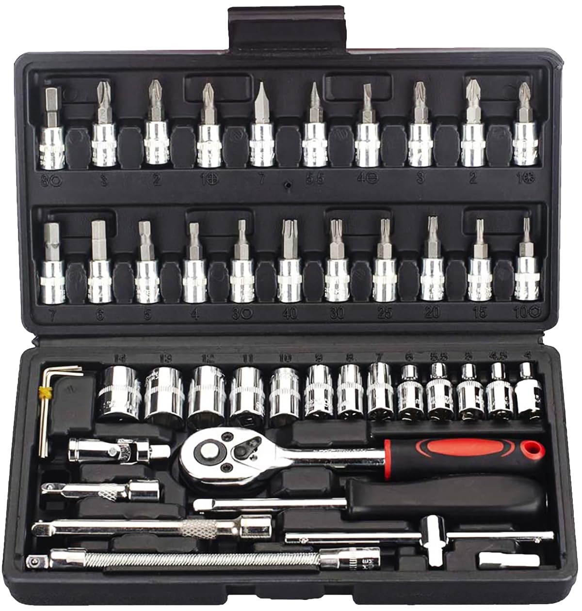 VEHIMACH Drive Socket Set, SAE and Metric Hex Bit Socket Set, Ratchet Wrench Set with S2 & CR-V Sockets, Mechanic Tool Kits for Auto Repair Household