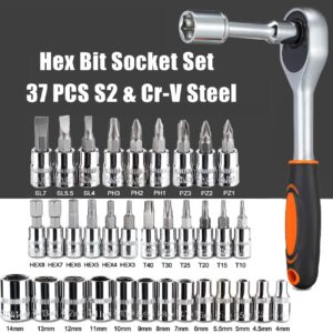 VEHIMACH Drive Socket Set, SAE and Metric Hex Bit Socket Set, Ratchet Wrench Set with S2 & CR-V Sockets, Mechanic Tool Kits for Auto Repair Household