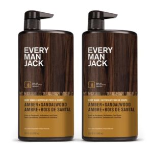 every man jack nourishing amber + sandalwood mens body wash for all skin types - cleanse, nourish, and hydrate skin with naturally derived coconut, glycerin - 2 bottles