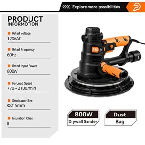 Drywall Sander, Prostormer 800W Portable Electric Wall Polishing Machine with Led Light, Automatic Vacuum Dust Collection System, 13 Pcs Sandpapers and Dust Collection Bag