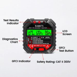 KAIWEETS Outlet Tester Electrical GFCI Receptacle Detector with LCD Display, 3 Prong 120V AC Voltage Socket Checker, 6 Visual Indication/Wiring Legend for Home