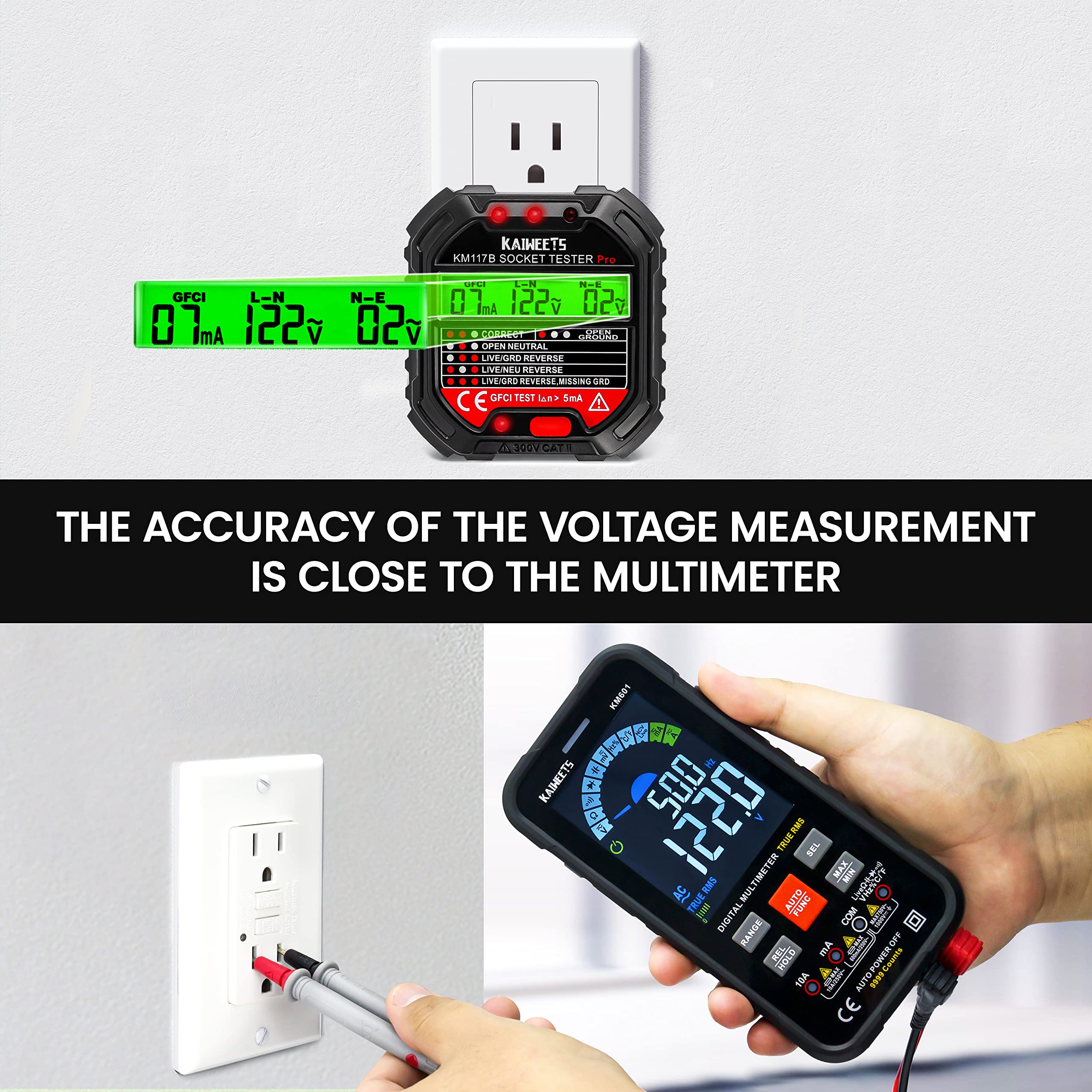 KAIWEETS Outlet Tester Electrical GFCI Receptacle Detector with LCD Display, 3 Prong 120V AC Voltage Socket Checker, 6 Visual Indication/Wiring Legend for Home