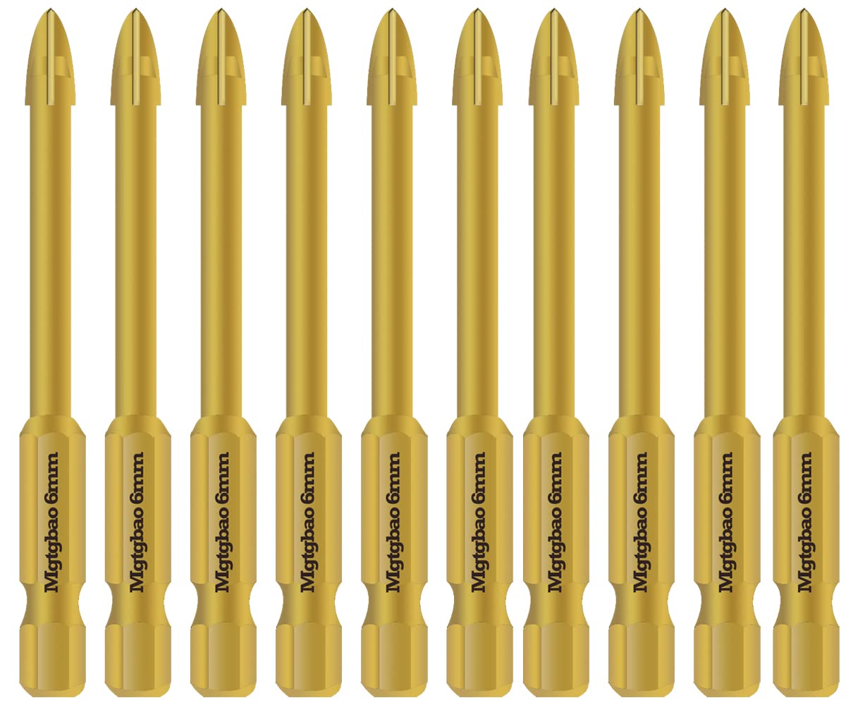 Mgtgbao Golden 10PC 6mm Masonry Drill Bits, Concrete Drill Bit Set for Tile,Brick, Plastic and Wood,Tungsten Carbide Tip Best for Wall Mirror and Ceramic Tile.