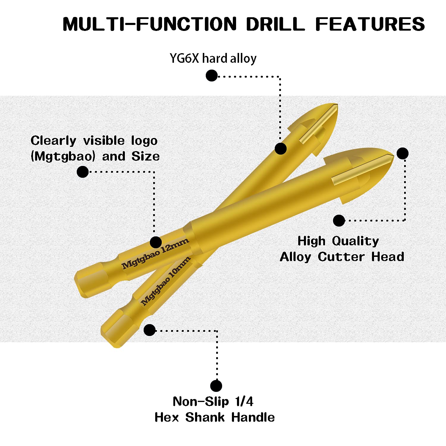 Mgtgbao Golden 10PC 6mm Masonry Drill Bits, Concrete Drill Bit Set for Tile,Brick, Plastic and Wood,Tungsten Carbide Tip Best for Wall Mirror and Ceramic Tile.