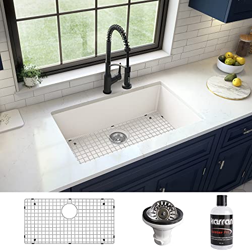 Karran QU-812 Undermount 32.5 in. Large Single Bowl Quartz Kitchen Sink Kit in White