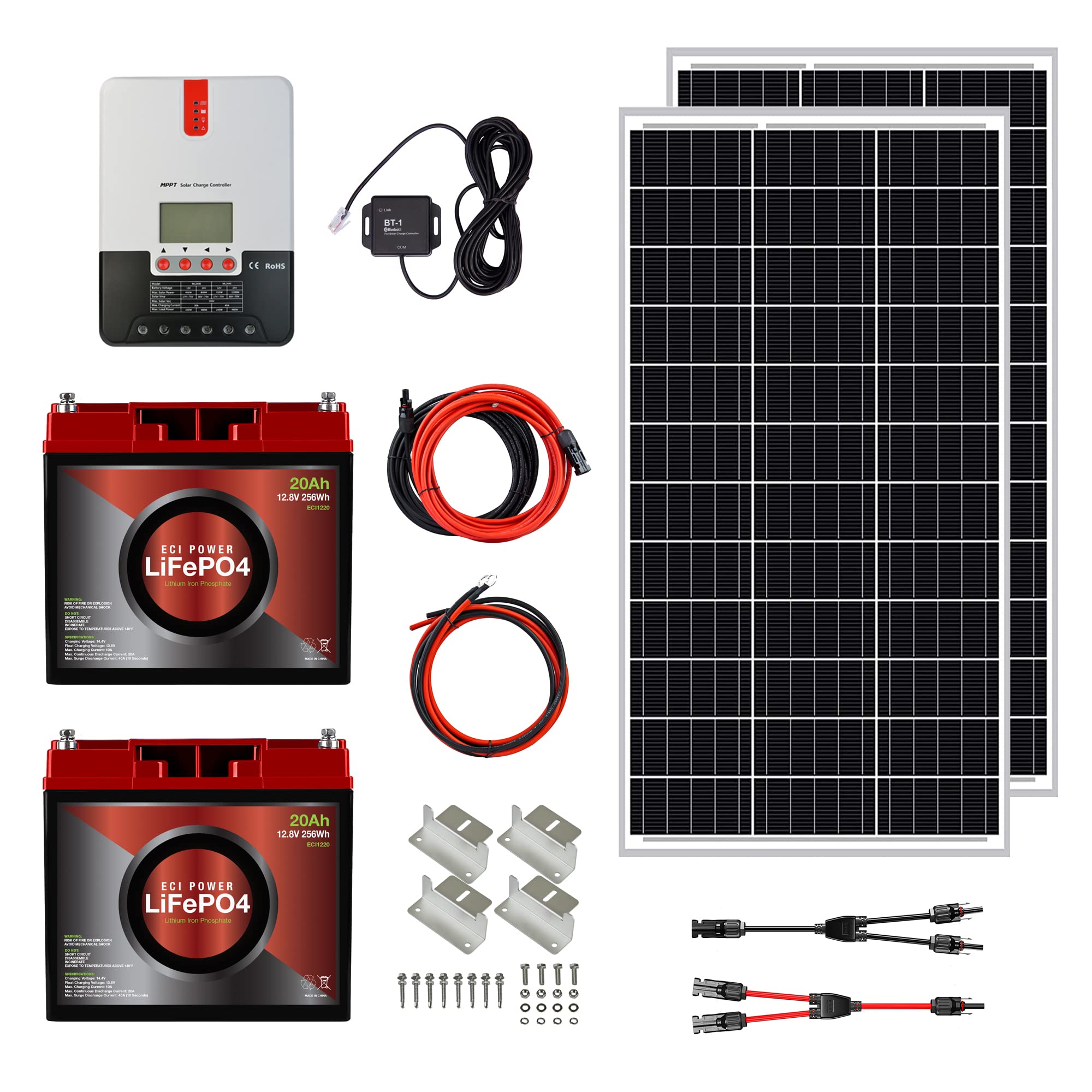 ECI Power 200W 12V Solar Power Kit | 2 x 12V 20Ah LiFePO4 Lithium Batteries | 200W Mono Rigid Solar Panels, 20A MPPT Solar Charge Controller | RV, Trailer, Camper, Marine, Off Grid, Solar Projects