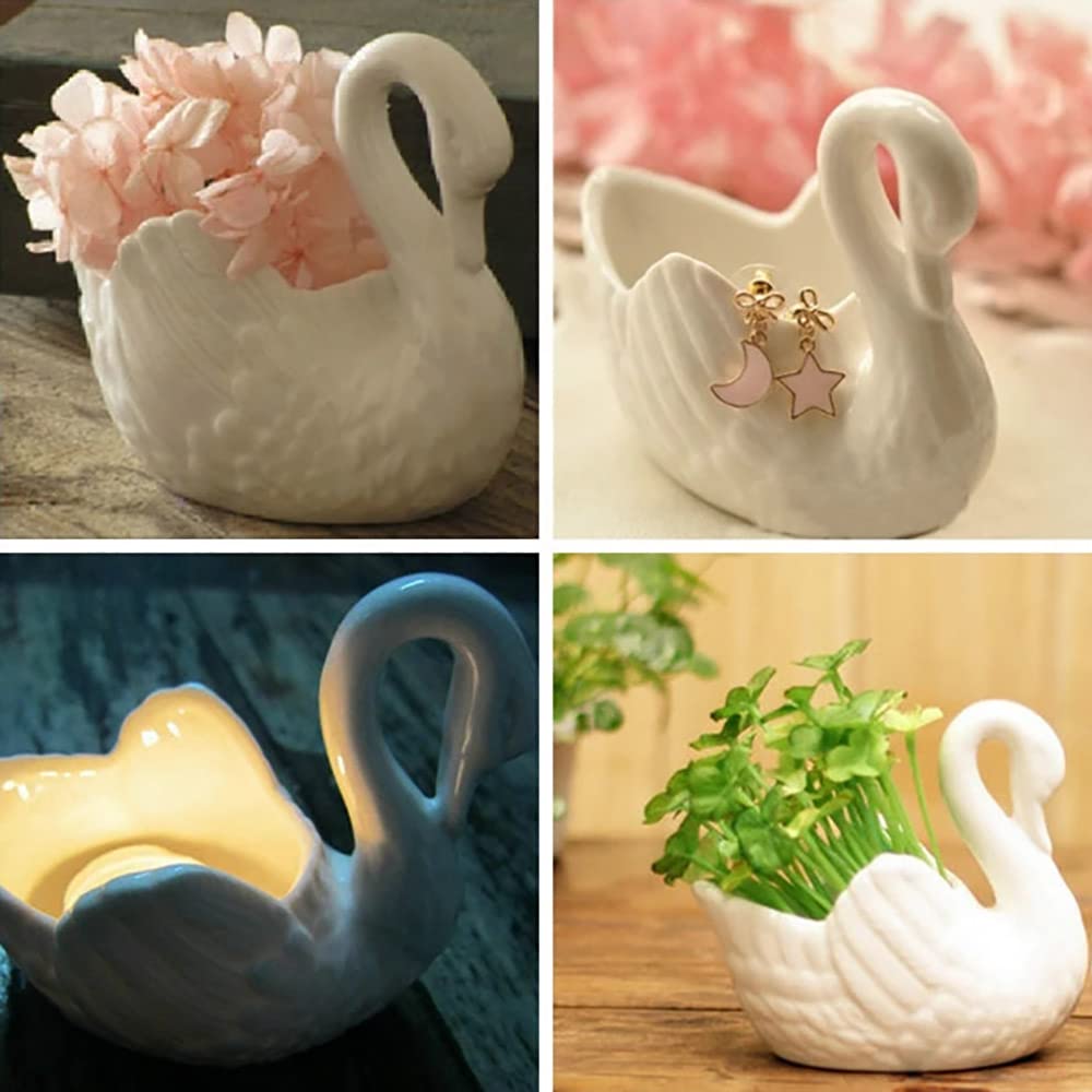 YONGYAN 2 Pack Swan Flower Pot Statue Decoration Ceramics Garden Planters Containers Pot Bookshelf Office Desktop Decor