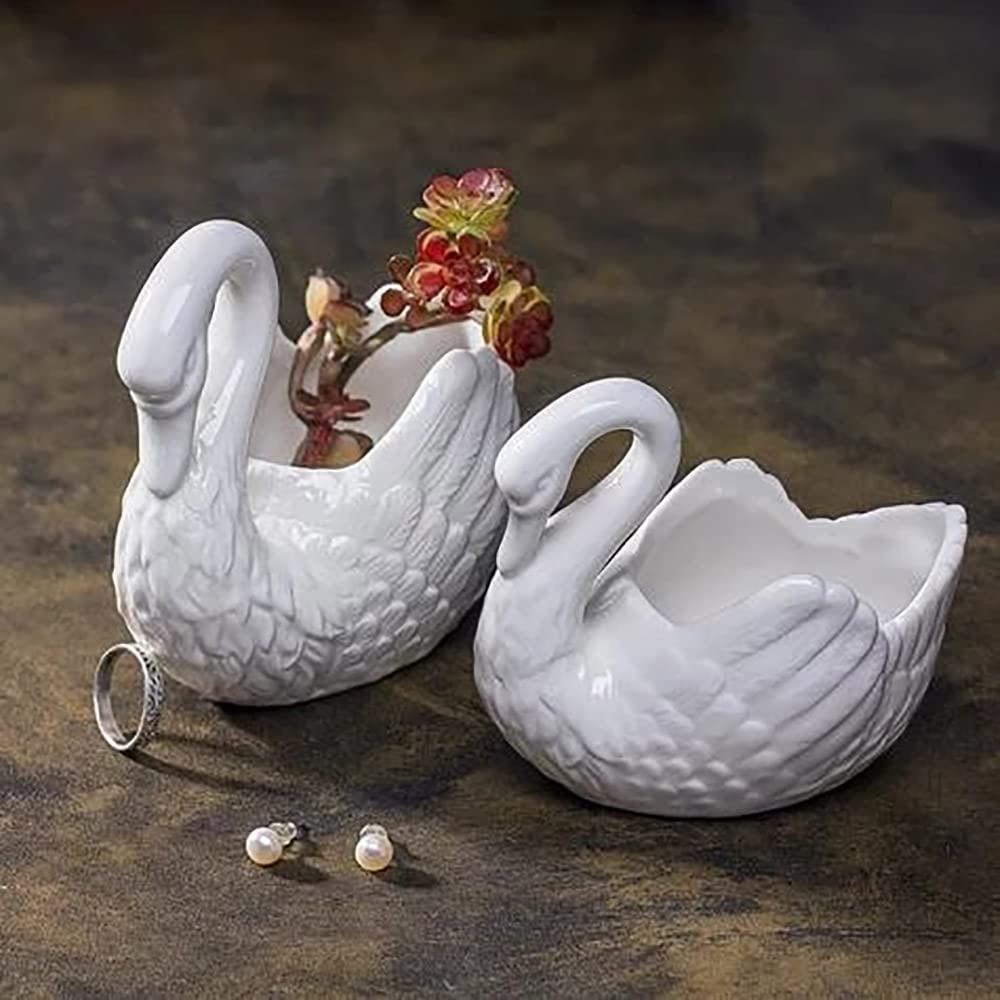 YONGYAN 2 Pack Swan Flower Pot Statue Decoration Ceramics Garden Planters Containers Pot Bookshelf Office Desktop Decor