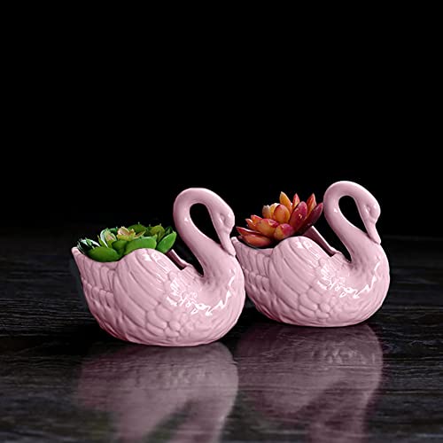 YONGYAN 2 Pack Swan Flower Pot Statue Decoration Ceramics Garden Planters Containers Pot Bookshelf Office Desktop Decor (Pink)