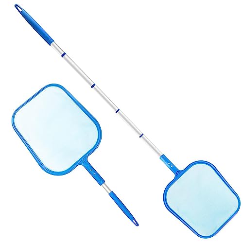 Pool Skimmer Net Pool Leaf Rake with Durable Deep Bag, Detachable Aluminum Frame, Pond Cleaning Scoop for Inground and Above Ground Swimming Pools Hot Tubs Spa (Large, Blue (with Pole))