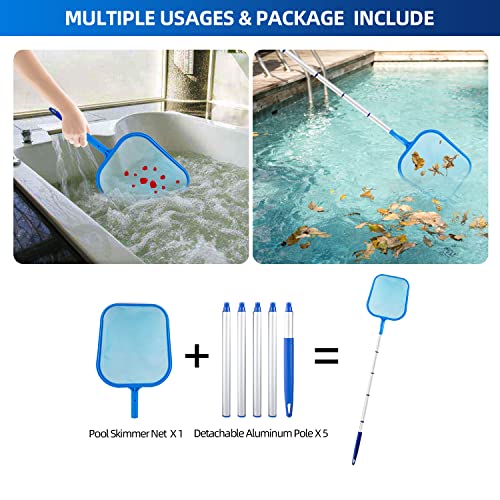 Pool Skimmer Net Pool Leaf Rake with Durable Deep Bag, Detachable Aluminum Frame, Pond Cleaning Scoop for Inground and Above Ground Swimming Pools Hot Tubs Spa (Large, Blue (with Pole))