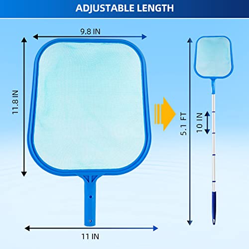 Pool Skimmer Net Pool Leaf Rake with Durable Deep Bag, Detachable Aluminum Frame, Pond Cleaning Scoop for Inground and Above Ground Swimming Pools Hot Tubs Spa (Large, Blue (with Pole))