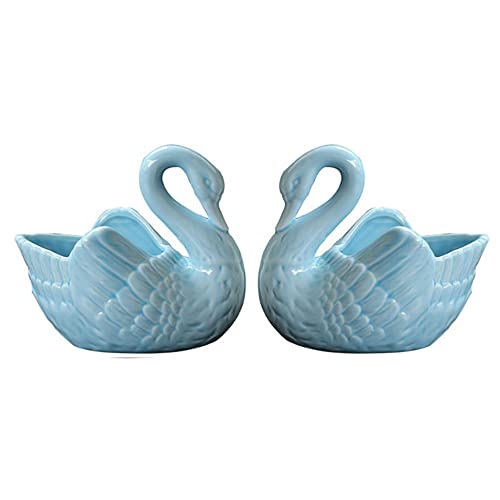 YONGYAN 2 Pack Swan Flower Pot Statue Decoration Ceramics Garden Planters Containers Pot Bookshelf Office Desktop Decor (Blue)