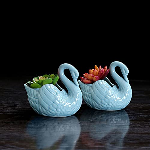 YONGYAN 2 Pack Swan Flower Pot Statue Decoration Ceramics Garden Planters Containers Pot Bookshelf Office Desktop Decor (Blue)