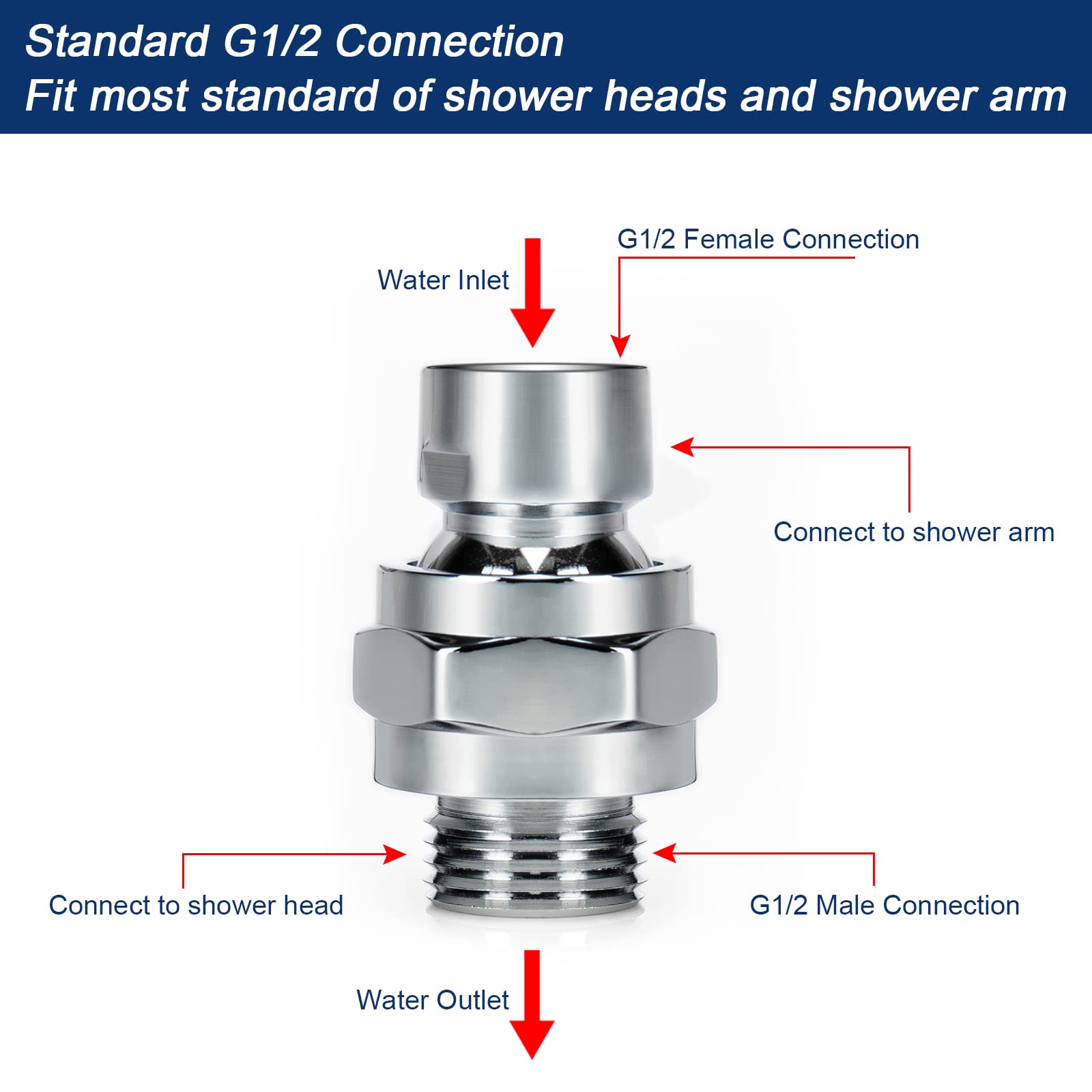 NearMoon Shower Head Swivel Ball Adapter - Solid Brass Shower Connector Ball Joint Adjustable Universal Shower Arm Extension Component (Chrome Finish)