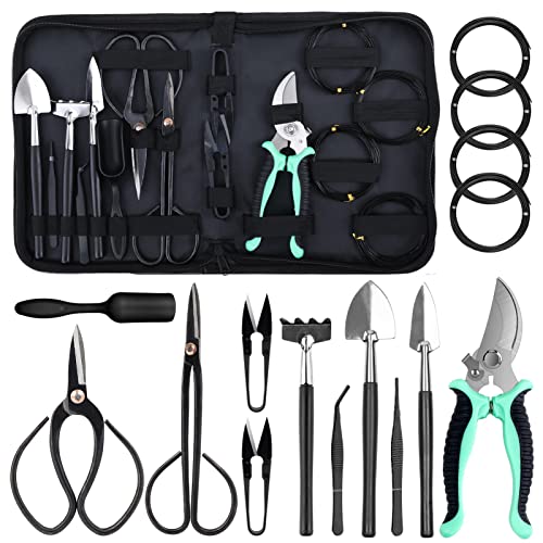 POWERENG Bonsai Tools Set 16 PCS Carbon Steel Scissor Cutter Shear Perfect Succulent Gardening Trimming Tools Bonsai Starter Kit Gardening Trimming Tools