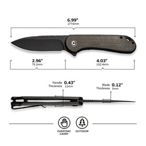 CIVIVI Elementum Pocket Folding Knife,Black Stonewashed D2 Blade Micarta Handle, Good for EDC Outdoor C907Z