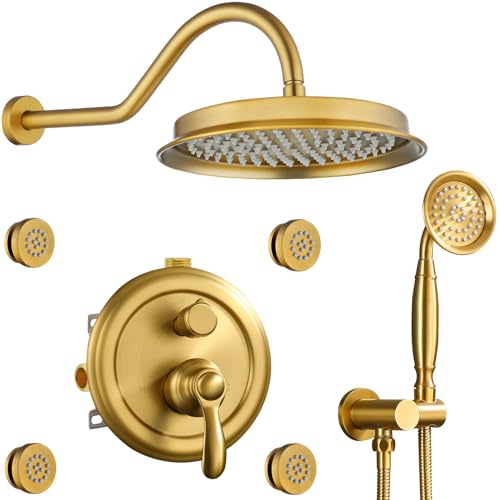 Homekicen Brushed-Gold Antique Shower System with Jets: 9 inch Rain Faucet Sets Complete Wall Rainfall Head and Handheld Spray Fixtures Combo, 3 Way Diverter Brass Rough in Valve Trim Kit