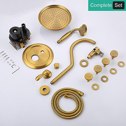 Homekicen Brushed-Gold Antique Shower System with Jets: 9 inch Rain Faucet Sets Complete Wall Rainfall Head and Handheld Spray Fixtures Combo, 3 Way Diverter Brass Rough in Valve Trim Kit