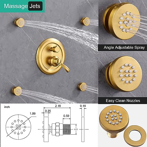 Homekicen Brushed-Gold Antique Shower System with Jets: 9 inch Rain Faucet Sets Complete Wall Rainfall Head and Handheld Spray Fixtures Combo, 3 Way Diverter Brass Rough in Valve Trim Kit