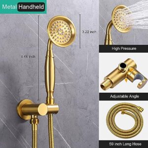 Homekicen Brushed-Gold Antique Shower System with Jets: 9 inch Rain Faucet Sets Complete Wall Rainfall Head and Handheld Spray Fixtures Combo, 3 Way Diverter Brass Rough in Valve Trim Kit