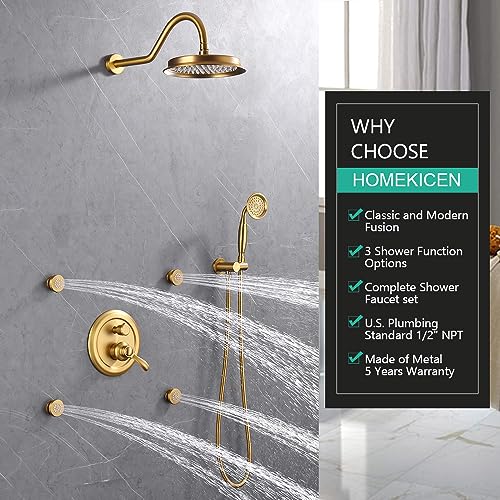 Homekicen Brushed-Gold Antique Shower System with Jets: 9 inch Rain Faucet Sets Complete Wall Rainfall Head and Handheld Spray Fixtures Combo, 3 Way Diverter Brass Rough in Valve Trim Kit