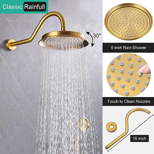 Homekicen Brushed-Gold Antique Shower System with Jets: 9 inch Rain Faucet Sets Complete Wall Rainfall Head and Handheld Spray Fixtures Combo, 3 Way Diverter Brass Rough in Valve Trim Kit