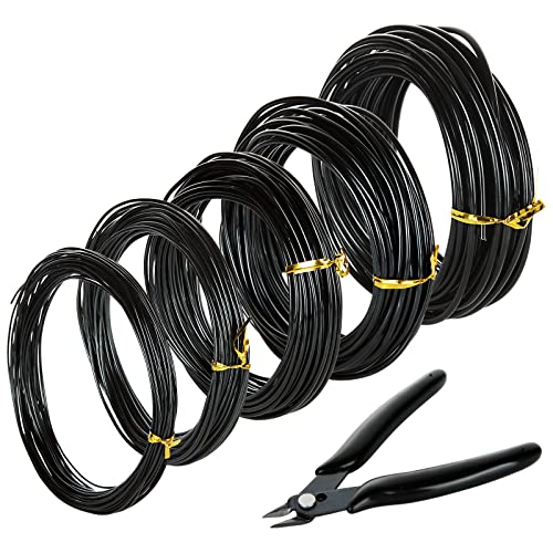 CertBuy 5 Roll Bonsai Wire 5 Size - 1.0MM, 1.5MM, 2.0MM, 2.5MM, 3.0MM Black Anodized Aluminum Bonsai Training Wire 32 Feet Length with Wire Cutter