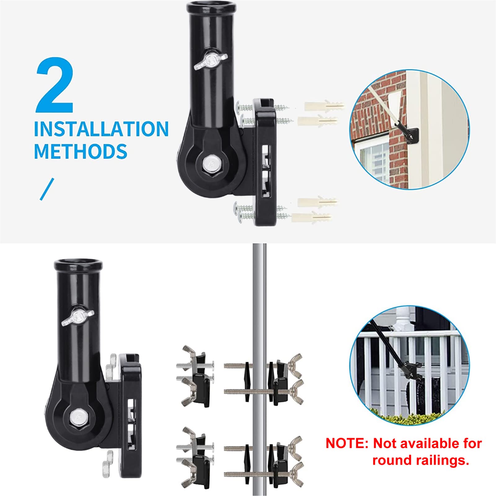 KAEKAT Flag Pole Bracket for Railing, Flag Pole Mount Adjustable for Porch & Fence Rail, Apartment Balcony, Flag Pole Holder with Silicone Pads, Two Installation Methods for 1” Flagpole