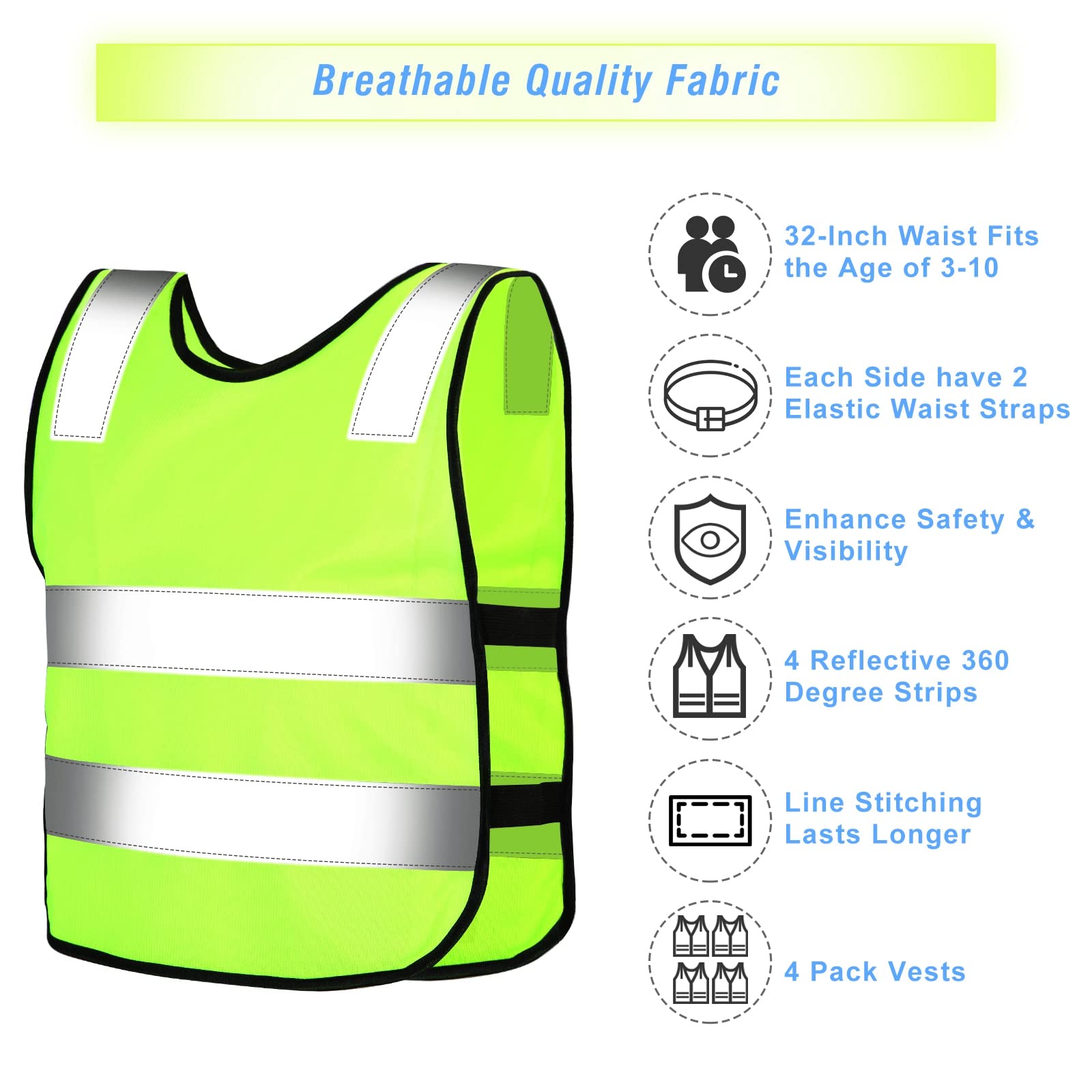 Flutesan Kids Reflective Vest 4 Pack Child Safety Visibility Vest Kids Safety Vest Construction Vest for Cycling Ski Running (Yellow)