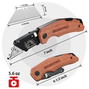 WORKPRO Folding Utility Knife with Stainless Steel Head, Quick-change Blade & Back Lock, Wood Handle Heavy Duty Box Cutter, 1PC Razor Knife with Extra 10PC SK5 Blades