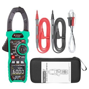 ac/dc digital clamp meter multimeter 6000 counts voltage tester, auto-ranging, measures current voltage temperature capacitance resistance diodes continuity duty-cycle