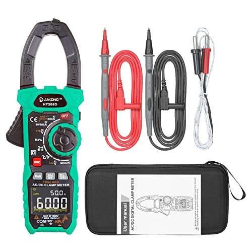 AC/DC Digital Clamp Meter Multimeter 6000 Counts Voltage Tester, Auto-ranging, Measures Current Voltage Temperature Capacitance Resistance Diodes Continuity Duty-Cycle