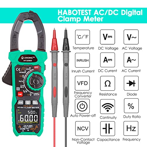 AC/DC Digital Clamp Meter Multimeter 6000 Counts Voltage Tester, Auto-ranging, Measures Current Voltage Temperature Capacitance Resistance Diodes Continuity Duty-Cycle