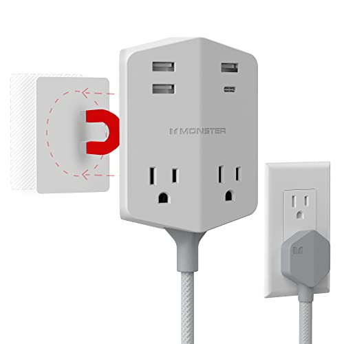 Monster Power Shield: Magnetic Wall Outlet Extender, Multiple Plug Outlet with 2 AC Outlets, 3 USB-A Ports, & 1 USB-C Port (20W)