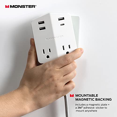 Monster Power Shield: Magnetic Wall Outlet Extender, Multiple Plug Outlet with 2 AC Outlets, 3 USB-A Ports, & 1 USB-C Port (20W)