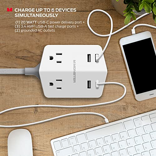 Monster Power Shield: Magnetic Wall Outlet Extender, Multiple Plug Outlet with 2 AC Outlets, 3 USB-A Ports, & 1 USB-C Port (20W)