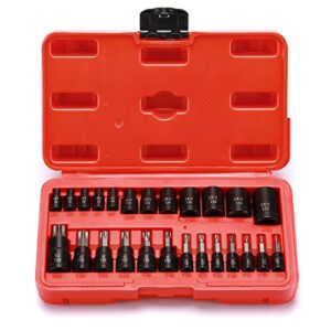 mayouko 25pcs 1/4",3/8",1/2" drive torx bit and external socket set,12 female e-torx sockets and 13 star socket bits