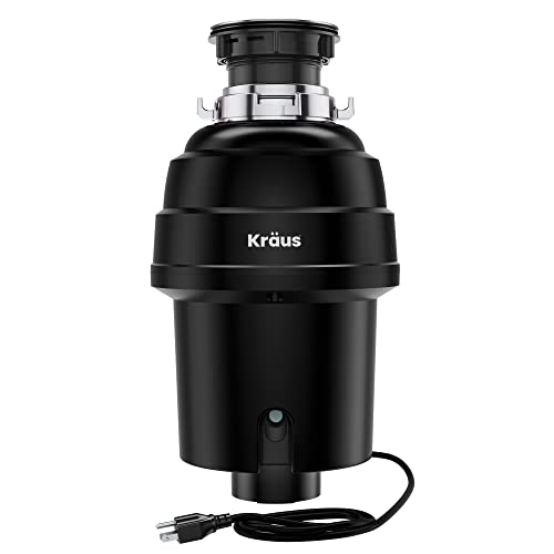 Kraus KWD100-100MBL WasteGuard 1 HP Continuous Feed Garbage Disposal with Ultra-Quiet Motor for Kitchen Sinks with Power Cord and Flange Included, 16 1/2 inch, Black