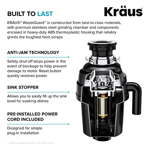 Kraus KWD100-100MBL WasteGuard 1 HP Continuous Feed Garbage Disposal with Ultra-Quiet Motor for Kitchen Sinks with Power Cord and Flange Included, 16 1/2 inch, Black