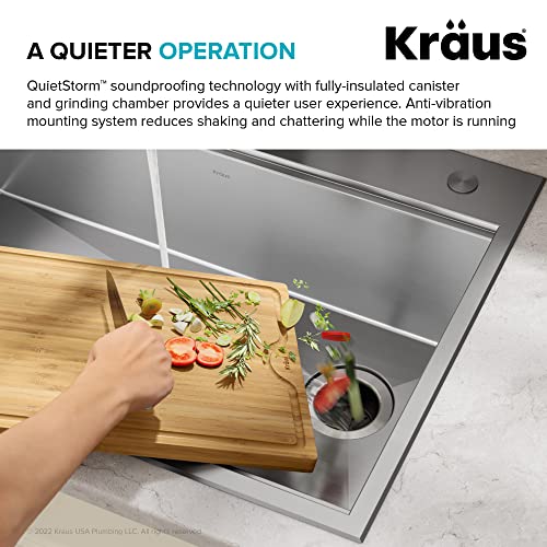 Kraus KWD100-100MBL WasteGuard 1 HP Continuous Feed Garbage Disposal with Ultra-Quiet Motor for Kitchen Sinks with Power Cord and Flange Included, 16 1/2 inch, Black