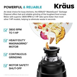 Kraus KWD100-100MBL WasteGuard 1 HP Continuous Feed Garbage Disposal with Ultra-Quiet Motor for Kitchen Sinks with Power Cord and Flange Included, 16 1/2 inch, Black