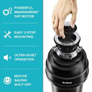 Kraus KWD100-100MBL WasteGuard 1 HP Continuous Feed Garbage Disposal with Ultra-Quiet Motor for Kitchen Sinks with Power Cord and Flange Included, 16 1/2 inch, Black