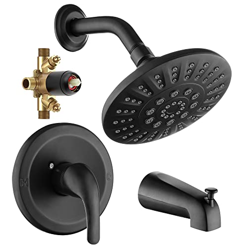 CATTSHO Black Shower Faucet Set with 5-Settings Black Shower Head and Handle Set, Single-Handle Tub Shower Trim Kit, Tub Spout and Valve Included, Matte Black