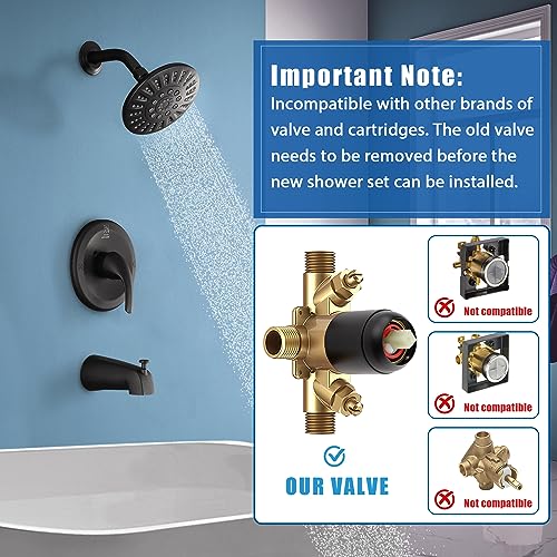 CATTSHO Black Shower Faucet Set with 5-Settings Black Shower Head and Handle Set, Single-Handle Tub Shower Trim Kit, Tub Spout and Valve Included, Matte Black